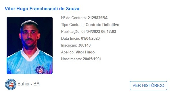 Depois de ser anunciado pelo Bahia, Vitor Hugo é regularizado no BID da ...