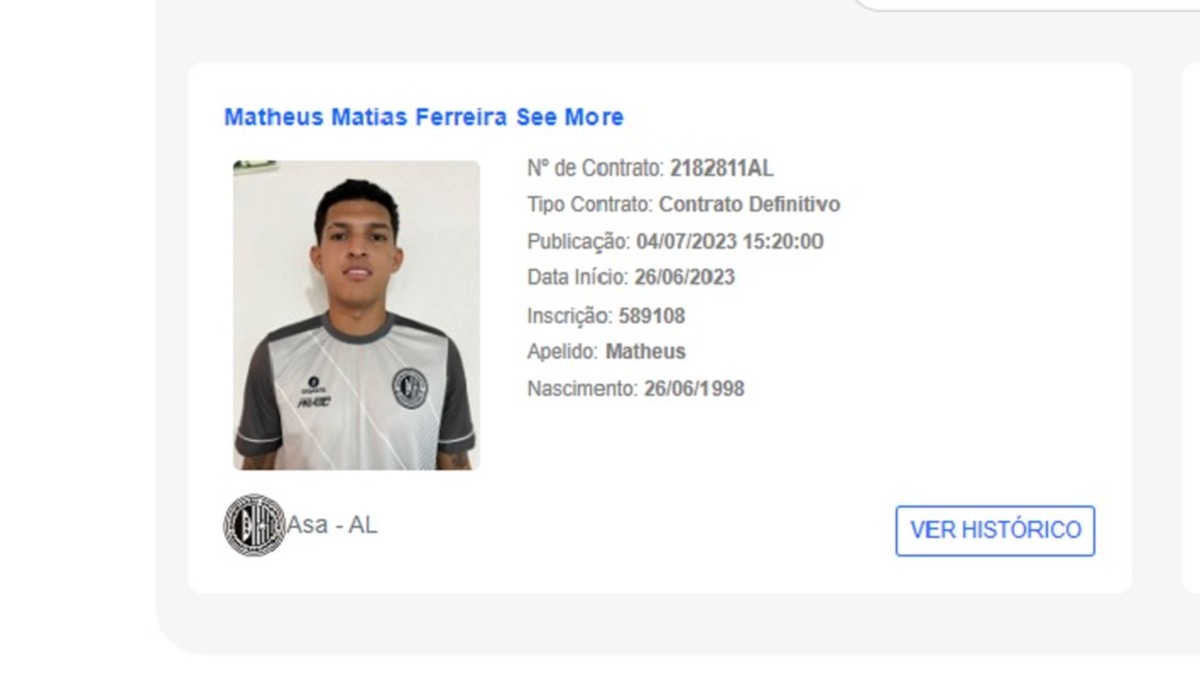 Matheus Matias é regularizado no BID e pode estrear pelo ASA no clássico contra o Cruzeiro | asa ...
