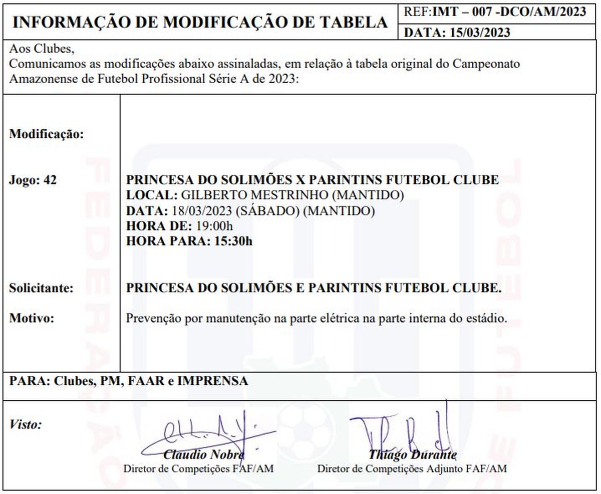 FAF altera horário de Princesa x Parintins, no jogo de volta das ...