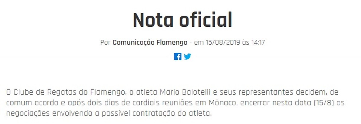 Em nota oficial, Flamengo comunica que encerrou negociações com ...