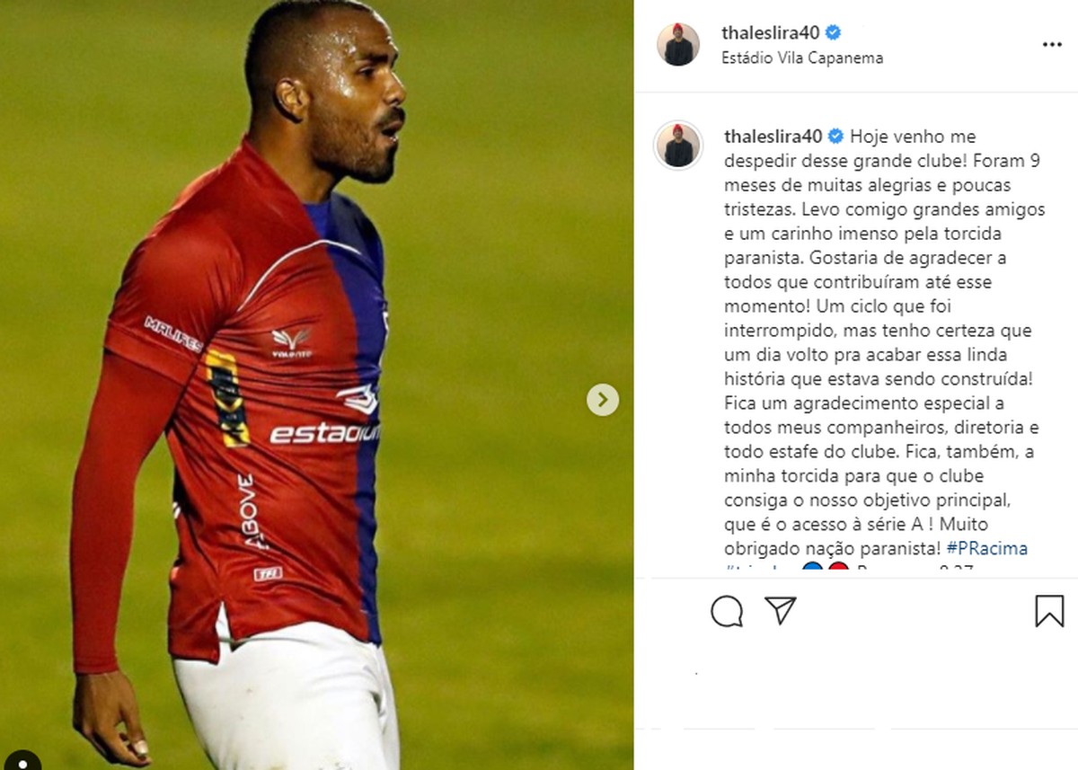 A caminho de time da Turquia, Thales se despede do Paraná Clube: "Um ...