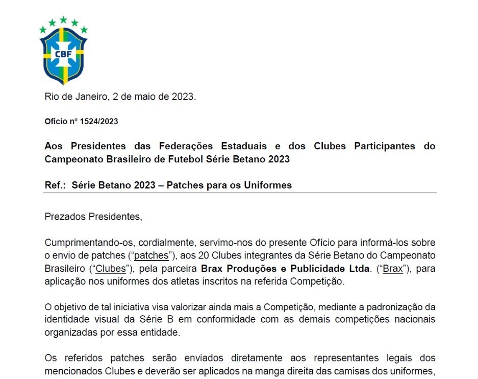 CBF comunica que clubes da Série B devem usar nas camisas patch com ...