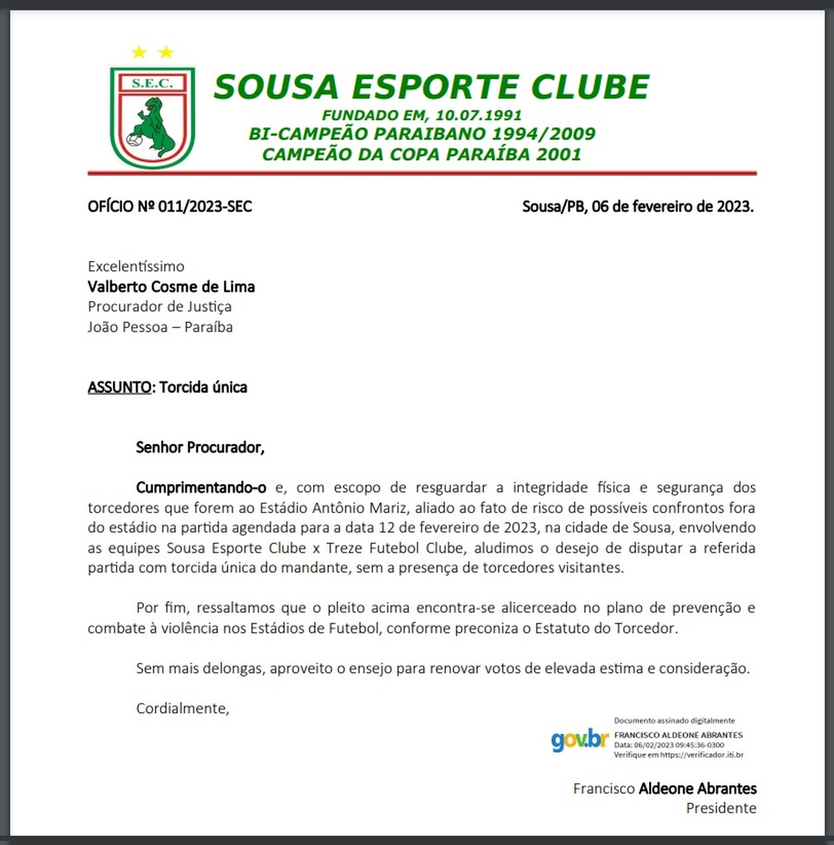 Sousa solicita torcida única contra o Treze, pelo Campeonato Paraibano ...