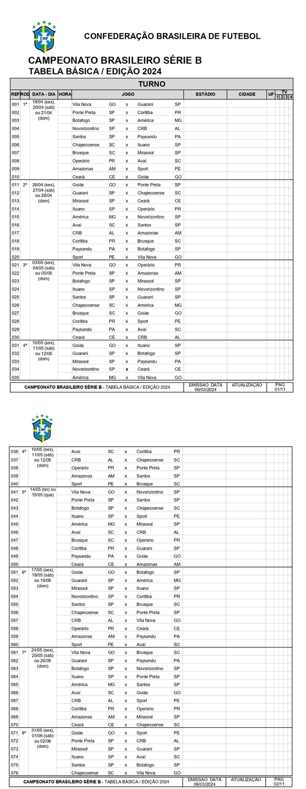 Cbf Divulga Tabela De Jogos Da Série B Do Campeonato Brasileiro De 2024
