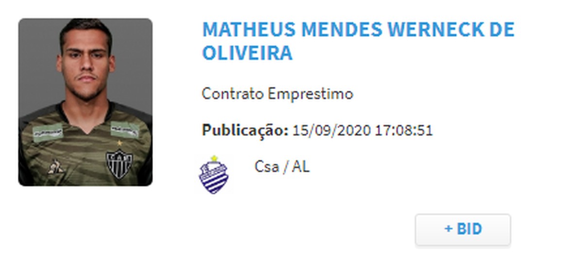 Emprestado pelo Atlético-MG, goleiro Matheus Mendes é regularizado pelo ...