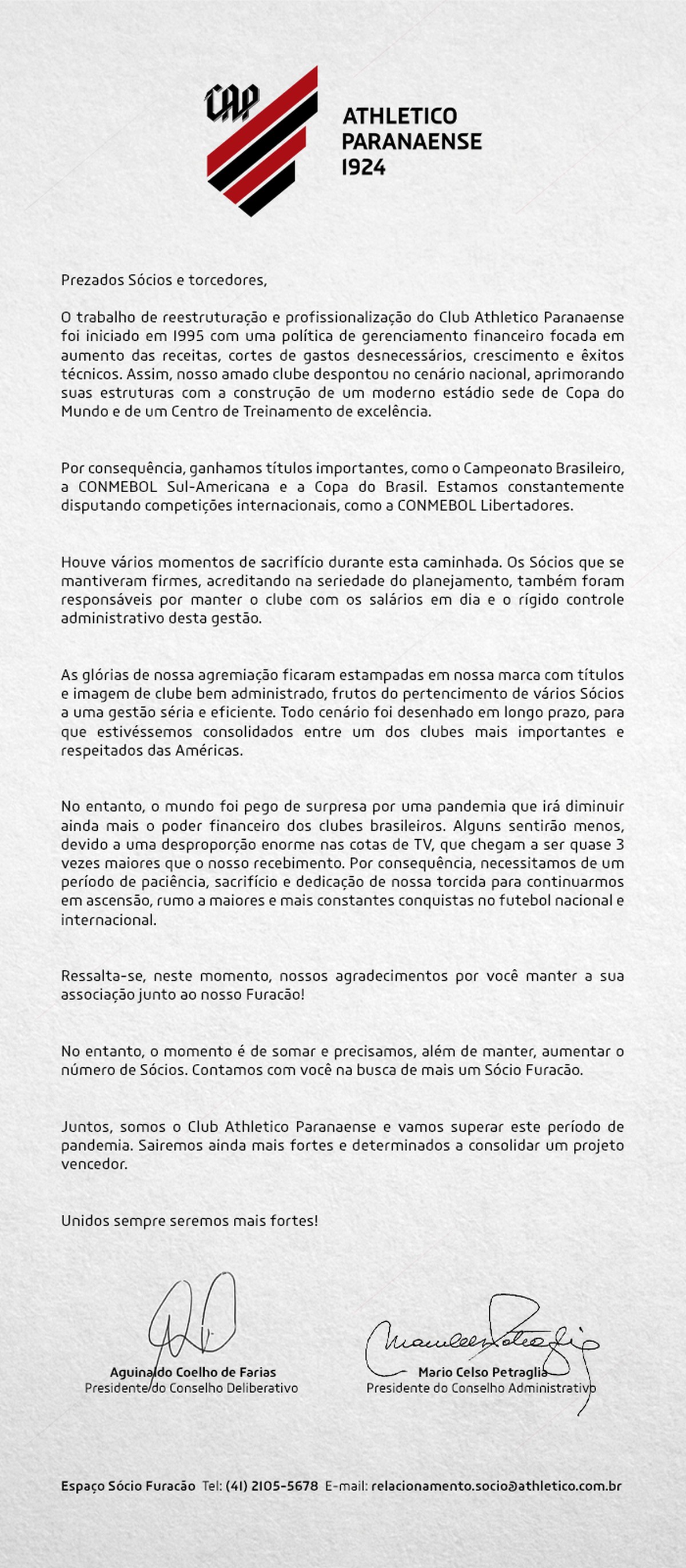 Athletico agradece sócios em dia e pede novas associações: "Período de ...